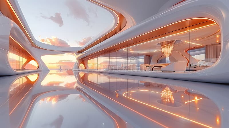 A Sleek, Futuristic Interior with Smooth, Flowing Designs, Warm ...