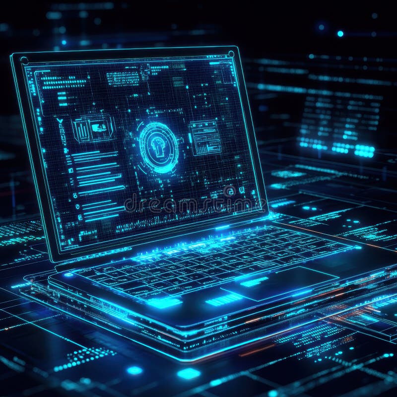 Sleek Futuristic Laptop in Digital Matrix Network Scene Stock ...