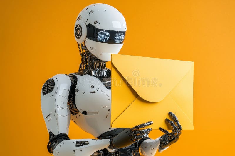 Sleek Futuristic Robot Holding a Large Yellow Envelope, Signifying ...