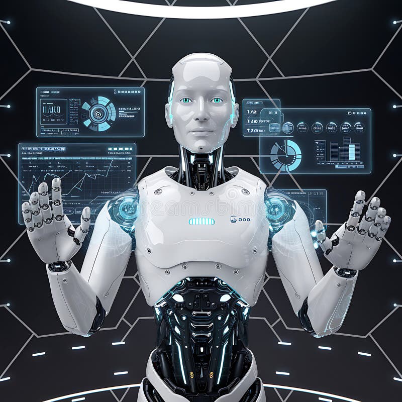 Sleek Futuristic Robot with Interactive Holographic Displays and Advanced Tech Details Stock ...