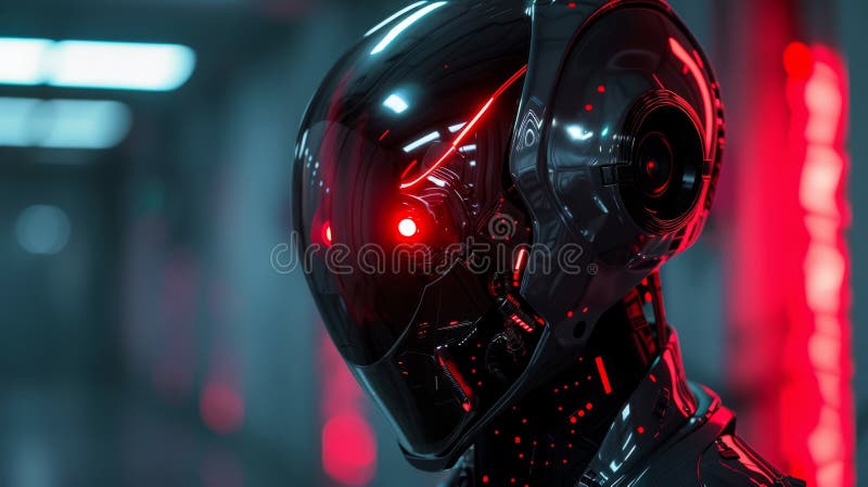 Futuristic Robot with Glowing Red Eyes in a High-tech Environment Stock ...