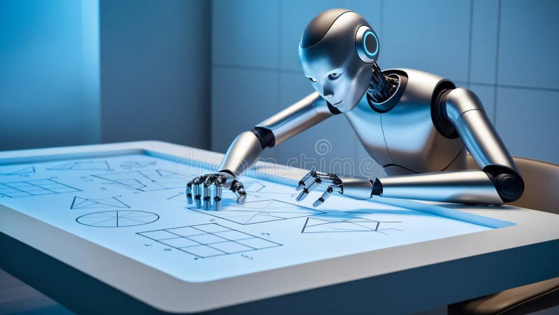 Futuristic Robot Interacting with Transparent Screen: Writing and ...