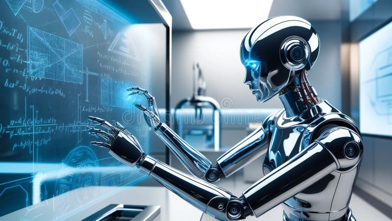 Futuristic Robot Interacting with Transparent Screen: Writing and ...