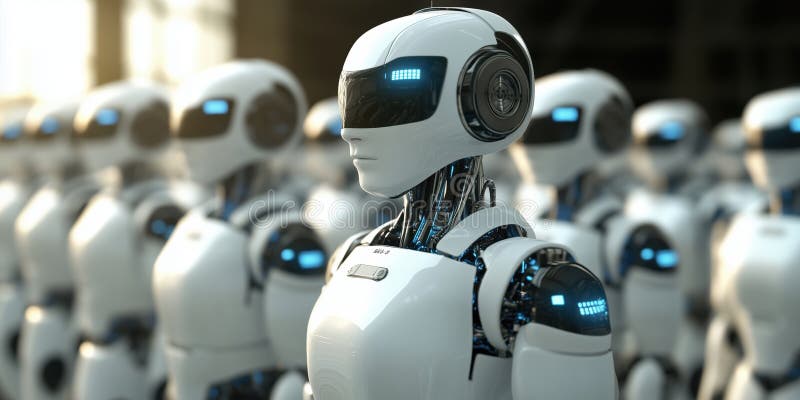 Future Robots Lined Up in a High-tech Facility Showcasing Advanced AI ...