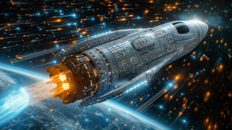 A Sleek Futuristic Spaceship Propels through Space at High Speed, with ...