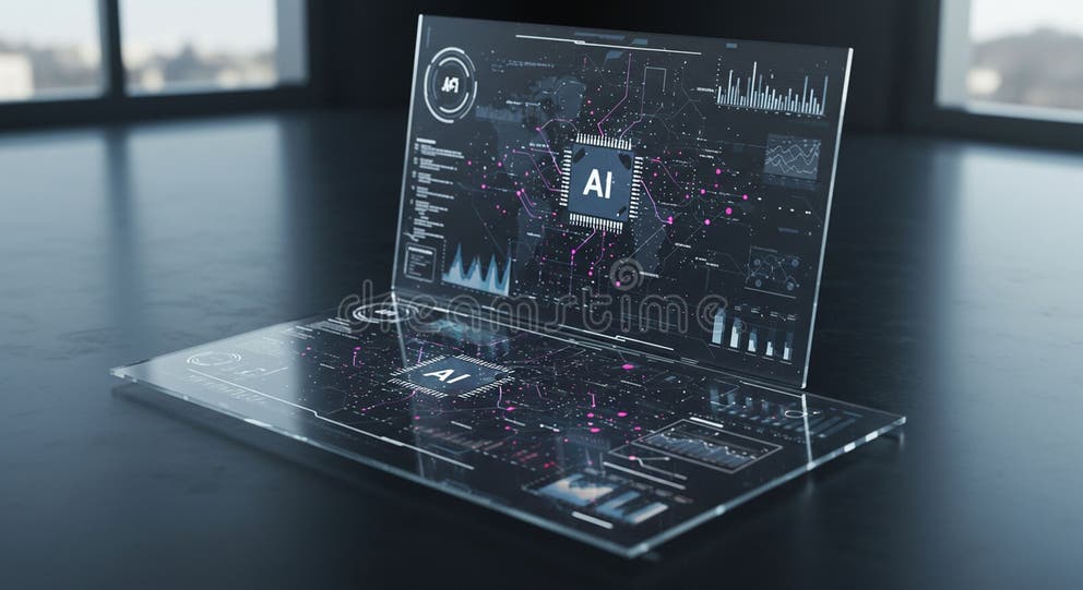 A Sleek, Futuristic Transparent Laptop Displays Multiple Digital ...