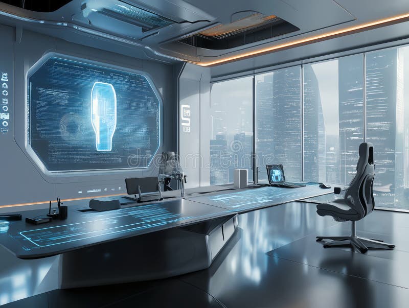 Futuristic Workspace with Holographic Visuals and Glowing Panels Stock ...