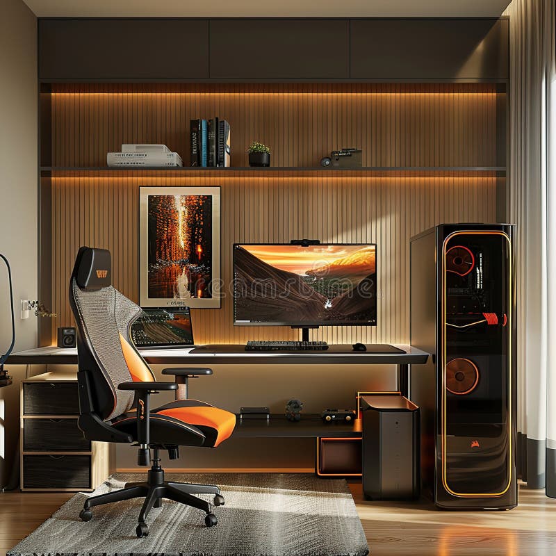 Sleek Gaming Setup with Custom Built Computer and Ergonomic Chair Stock ...