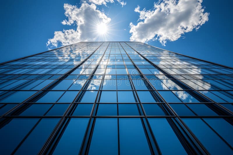 A Sleek Glass Tower Reflecting the Blue Sky and Clouds Stock Photo ...