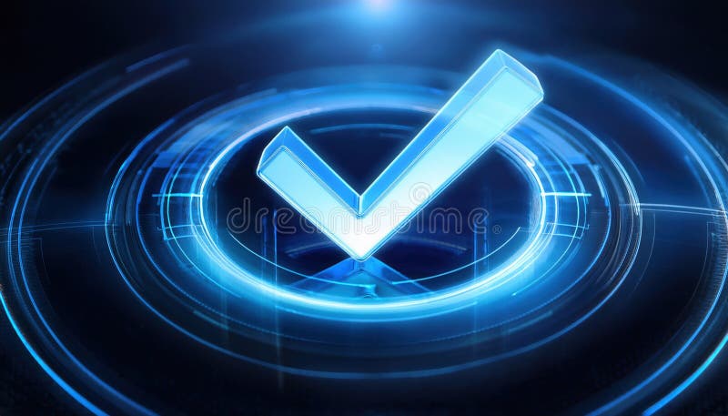 Sleek Glowing Blue Tick Symbol Reflected on a Transparent Glass-like ...