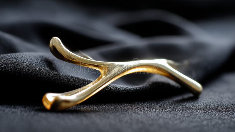 A Sleek, Golden Wishbone-shaped Object Rests on a Dark, Textured Fabric ...