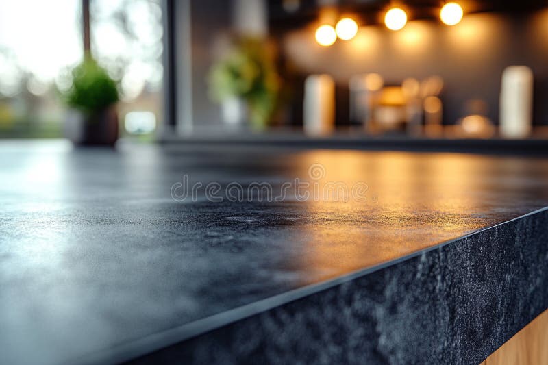Sleek Granite Countertop in a Modern Kitchen, Reflecting the Warm Glow of the Lights, Creating a ...