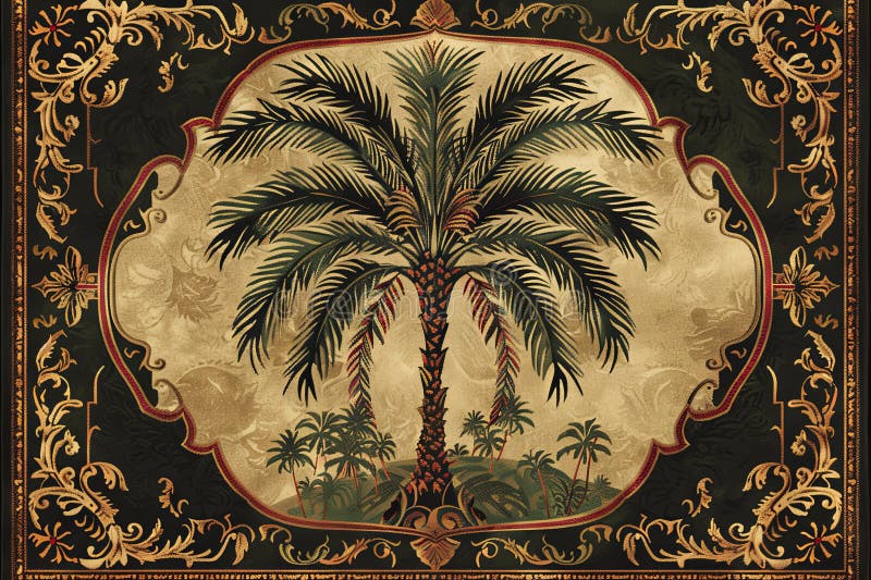 Sleek Graphics of a Graceful Palm Tree in an Oriental Carpet Motif with ...