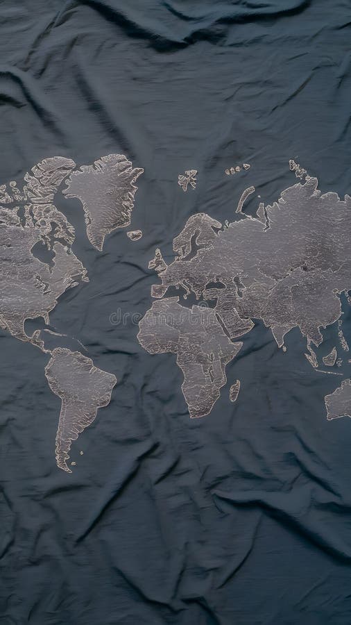 Sleek Grayscale Map on Textured Fabric, Highlighting Continents with ...