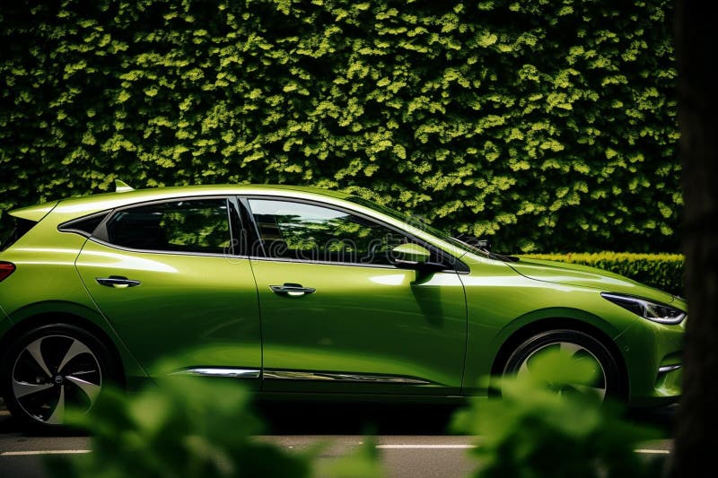 Sleek Green Car Parked on the Side of a Road, Surrounded by Lush ...