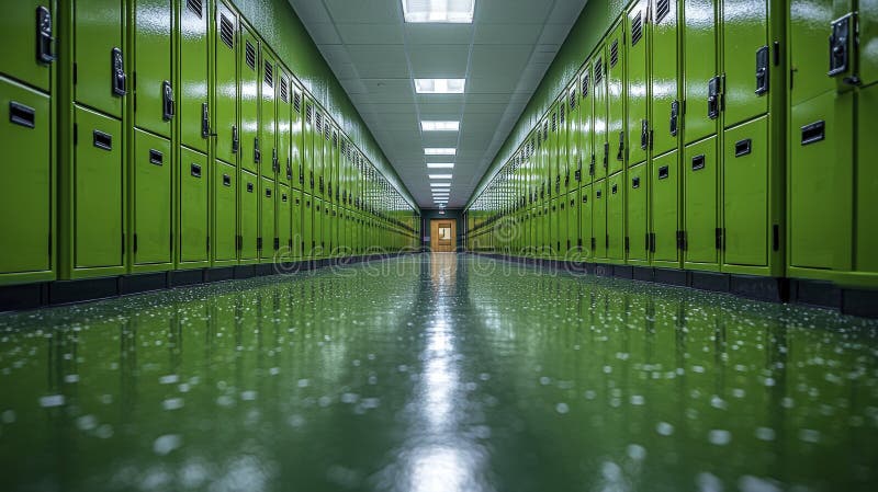 Sleek Green Hallway with Rows of Lockers and Light Stock Illustration ...