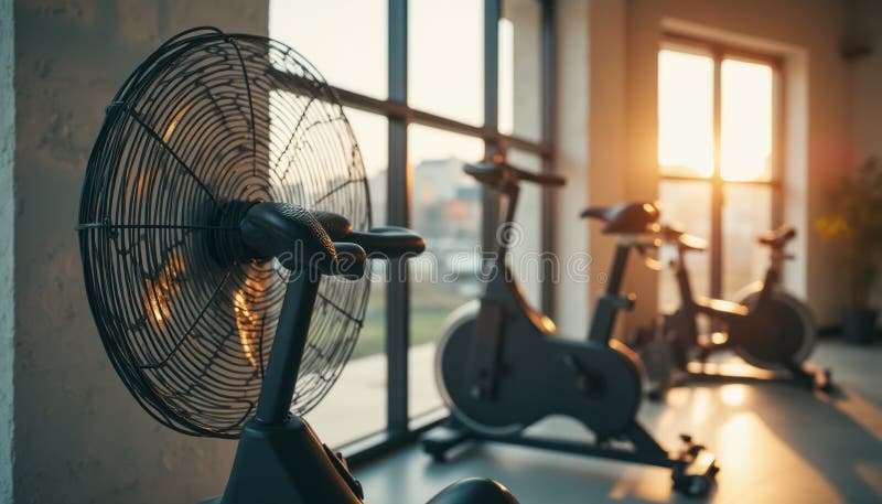 Sunset Glow in a Modern Gym with Exercise Bikes and a Fan Stock Photo ...