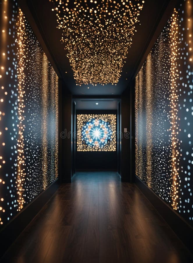 Sleek Hallway with Digital Christmas Decorations on Walls Stock Image ...
