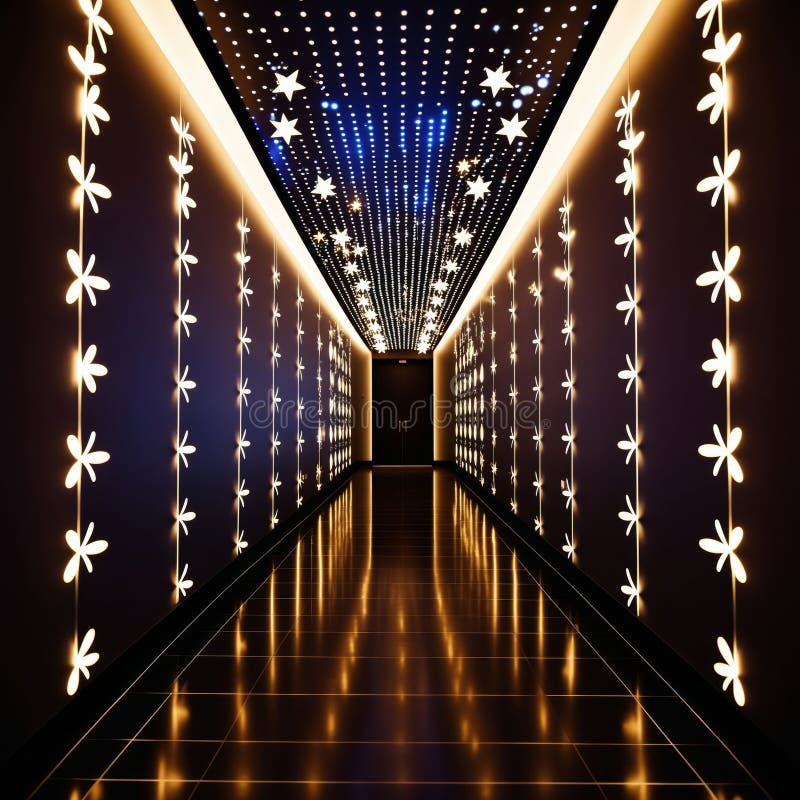 Sleek Hallway with Digital Christmas Decorations on Walls Stock Photo ...