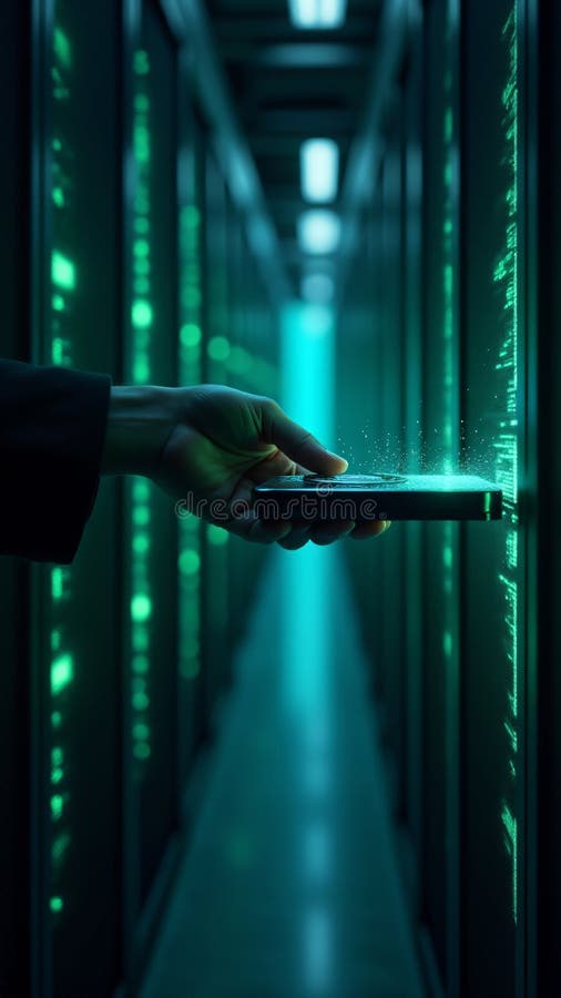 A Sleek Hard Drive Plugged into a Glowing Server Rack in a Futuristic ...