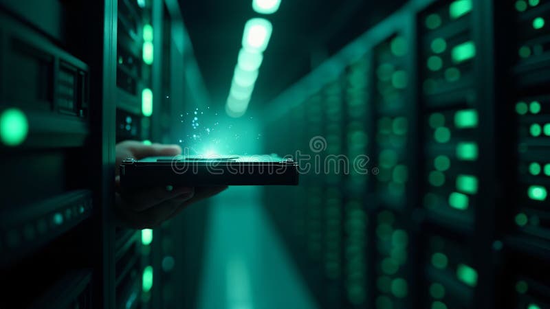 A Sleek Hard Drive Plugged into a Glowing Server Rack in a Futuristic ...