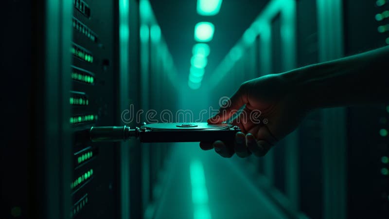 A Sleek Hard Drive Plugged into a Glowing Server Rack in a Futuristic ...