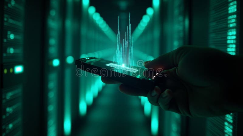 A Sleek Hard Drive Plugged into a Glowing Server Rack in a Futuristic ...