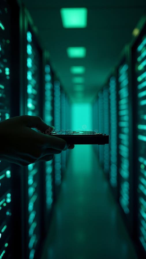 A Sleek Hard Drive Plugged into a Glowing Server Rack in a Futuristic ...