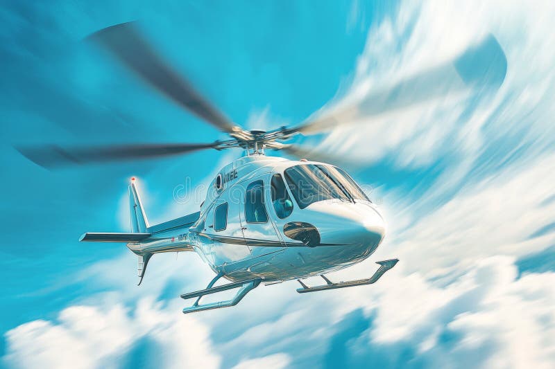 A Sleek Helicopter Flies through a Bright Blue Sky. Its Rotors Spin ...