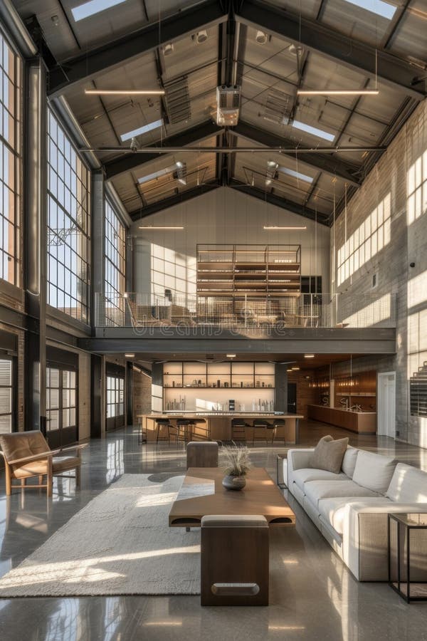 Sleek, High-ceilinged Industrial Space with Modern Design Elements and Ample Natural Light ...