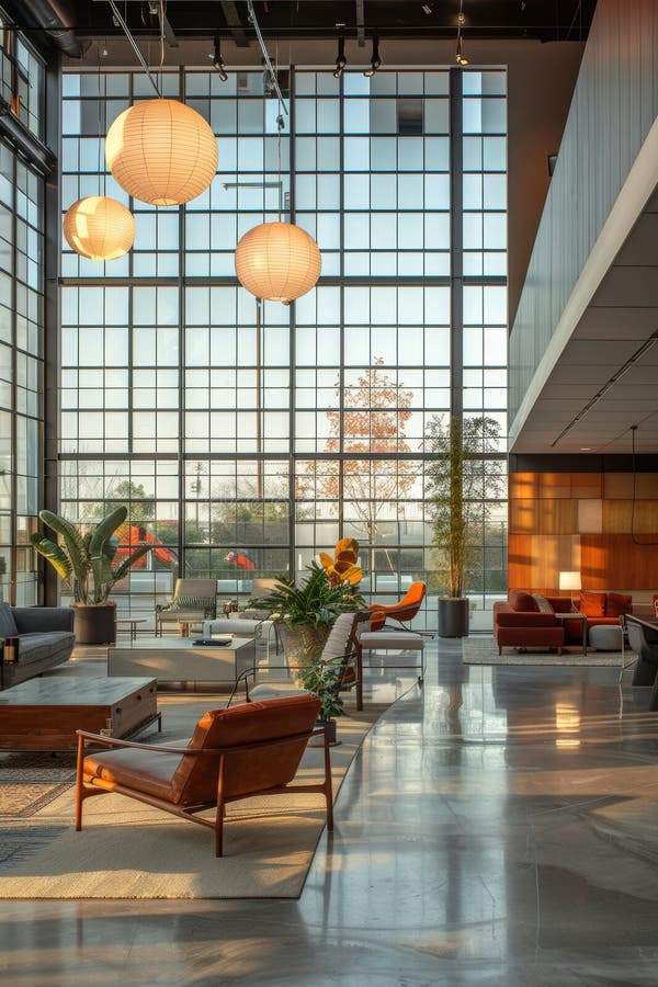 Sleek, High-ceilinged Space with Abundant Natural Light and Modern ...