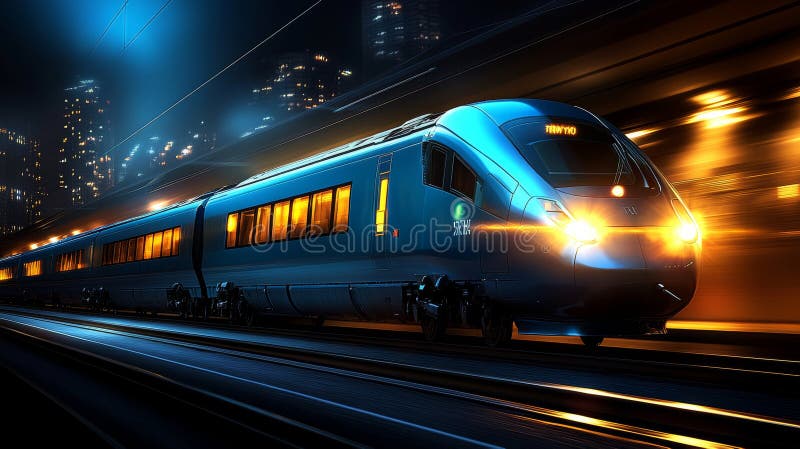 Sleek High-speed Train Racing through Night Cityscape Stock ...