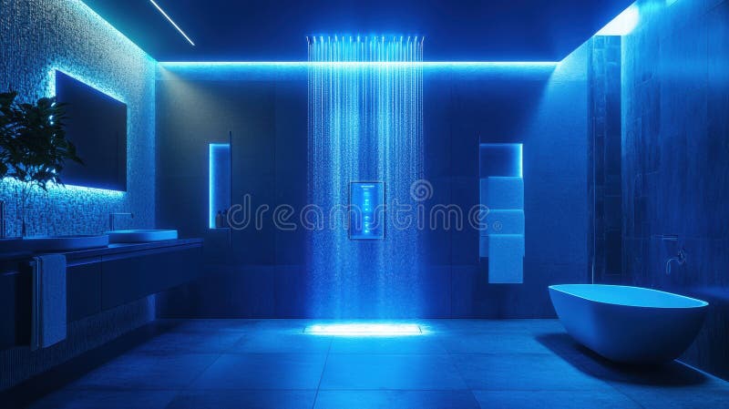 A Sleek, High-tech Bathroom Showcases a Modern Smart Shower System and ...