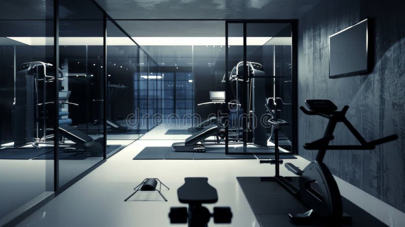 Sleek Home Gym Setup at Night with Modern Minimalistic Design and High ...
