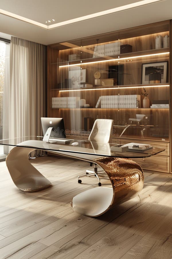 Sleek Home Office with a Glass Desk and Minimalist Shelving3D Render ...