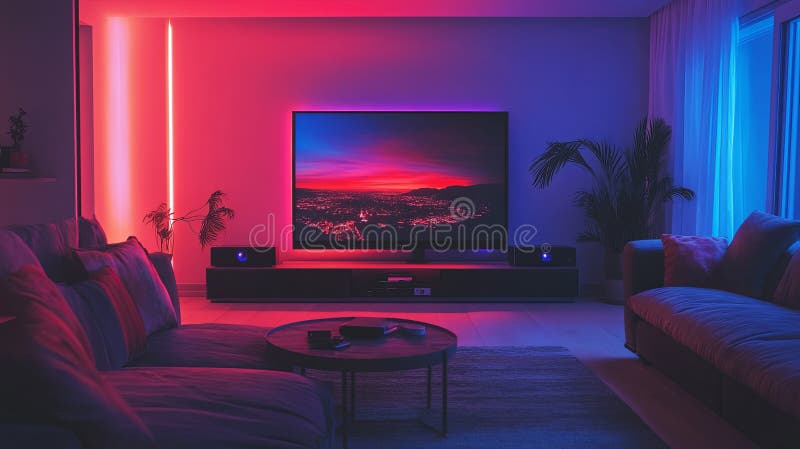 A Sleek Home Theater Setup with Ambient LED Lighting and a Cozy Couch ...