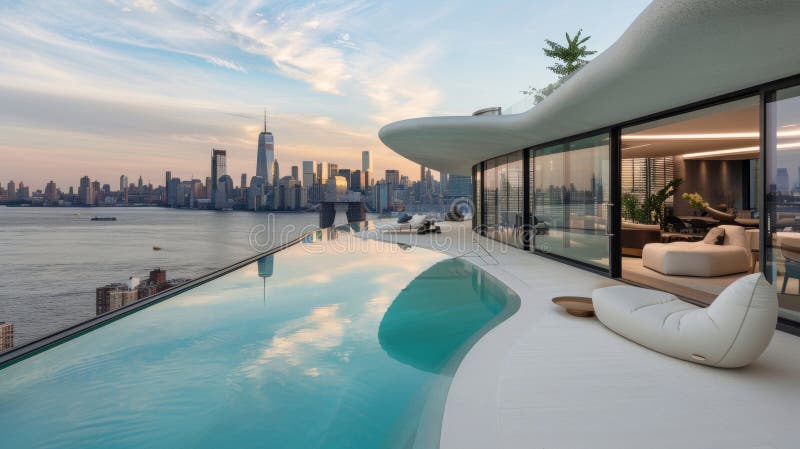 Sleek House with City Skyline View and Infinity Pool Stock Illustration ...