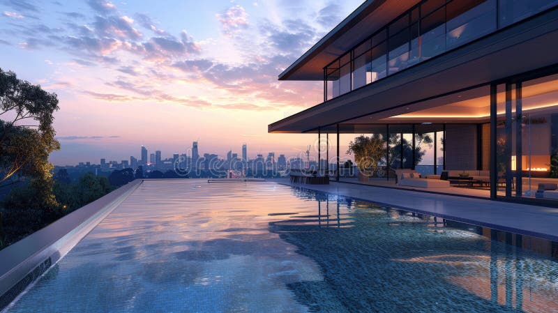Sleek House with Infinity Pool, City Skyline View Stock Illustration ...