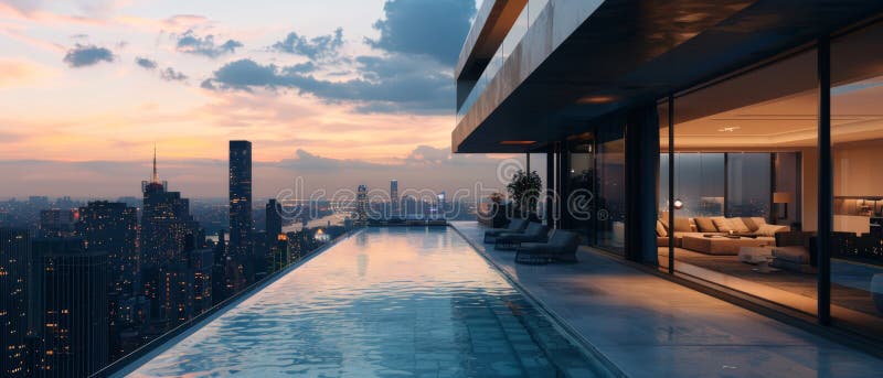 Sleek House with Infinity Pool Overlooking City Skyline Stock ...