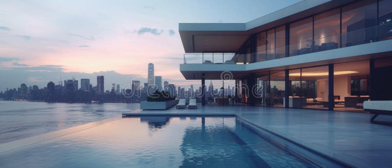 Sleek House with Infinity Pool Overlooking City Skyline Stock ...