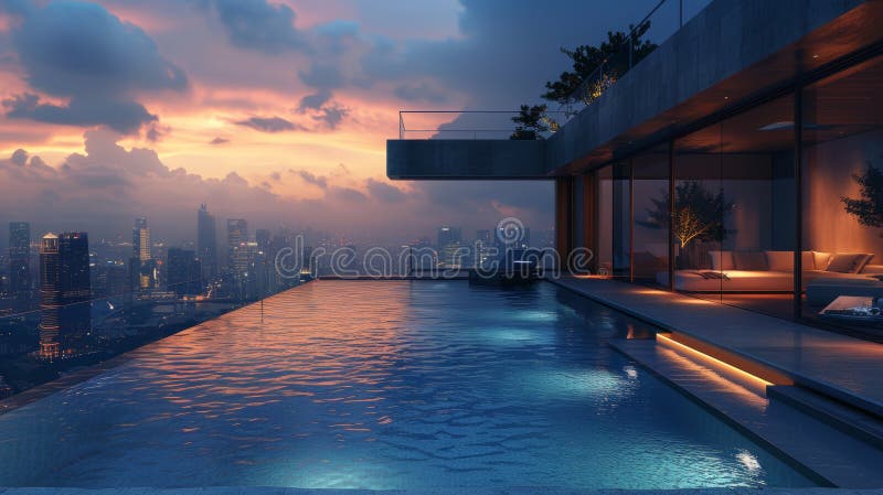 Sleek House with Rooftop Infinity Pool, City Skyline View Stock ...