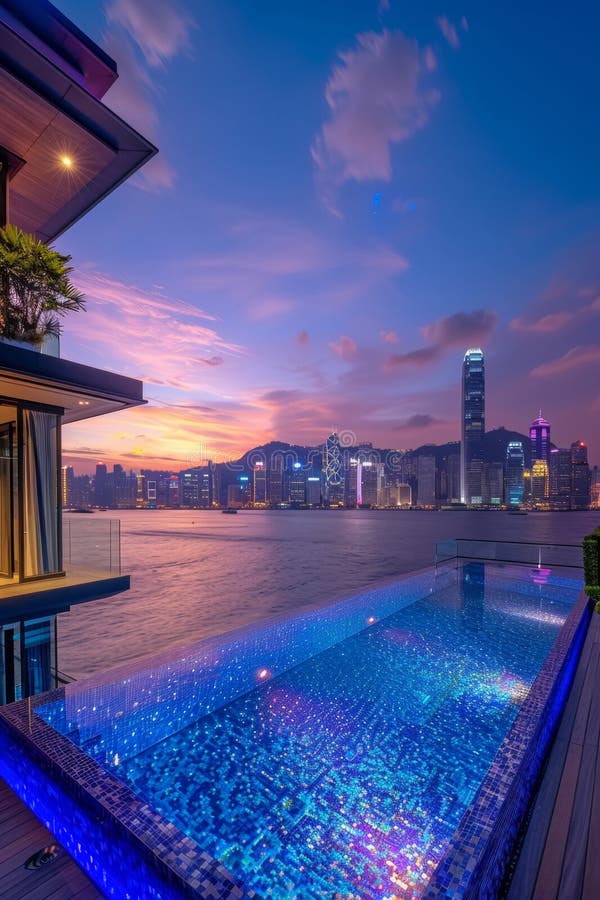 Sleek House with Rooftop Infinity Pool, City Skyline Views Stock ...