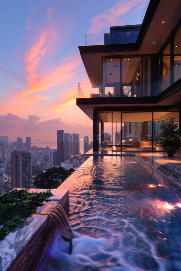Sleek House with Rooftop Infinity Pool Overlooking City Skyline Stock ...