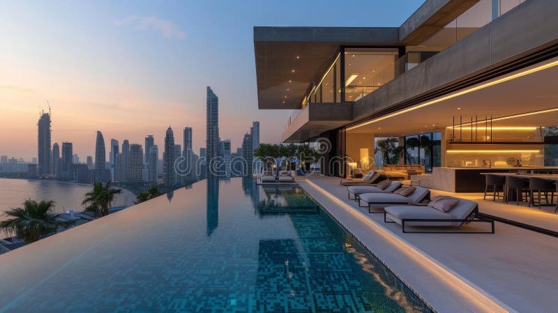 Sleek House with Rooftop Infinity Pool Overlooking City Skyline Stock ...