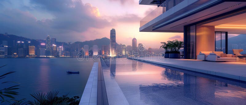 Sleek House with Rooftop Pool Overlooking City Skyline Stock ...