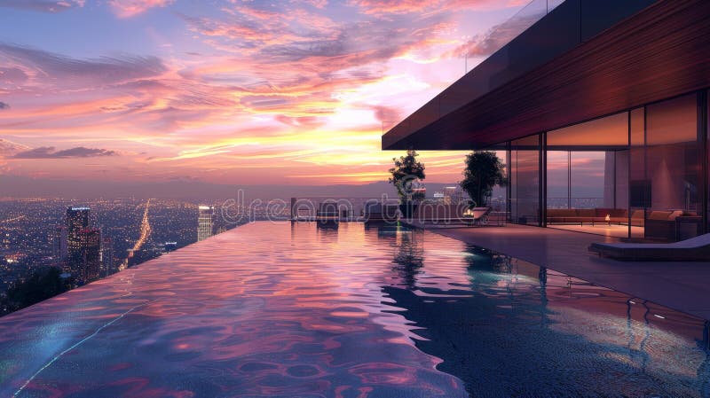 Sleek House with Rooftop Pool Overlooking City Skyline Stock ...