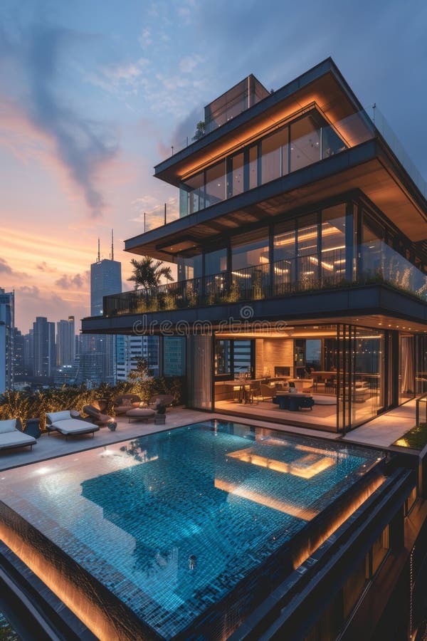 Sleek House with Rooftop Pool Overlooking City Skyline Stock ...