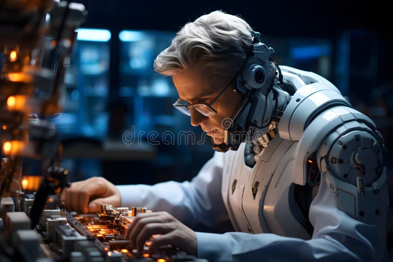 A Sleek Humanoid Robot Focused on Operating a Complex Control Panel in ...