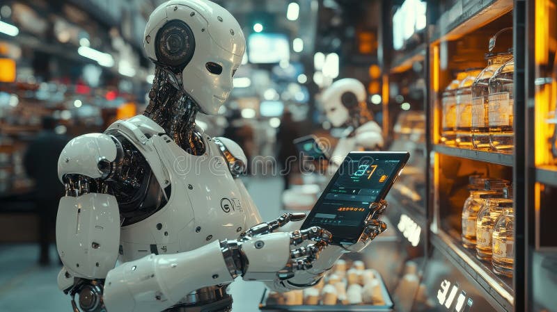 Humanoid Robot Using Tablet in Modern Environment Stock Image - Image ...