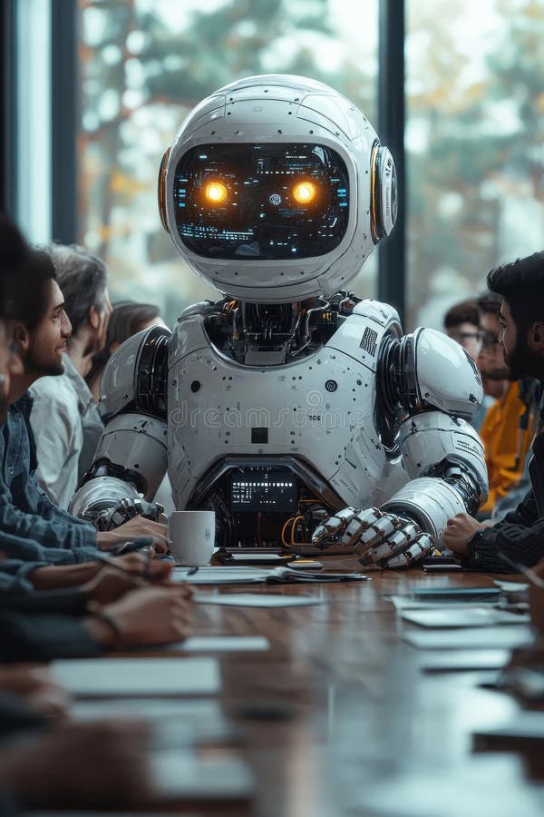 Futuristic Humanoid Robot Working in a Bustling Tech Environment Stock ...